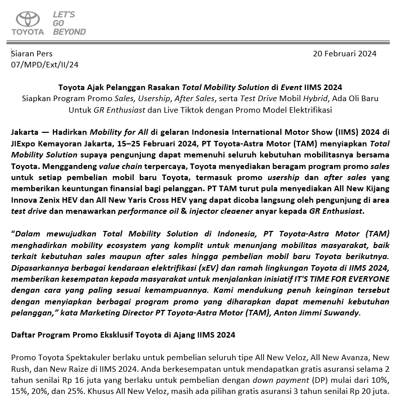 Toyota Ajak Pelanggan Rasakan Total Mobility Solution di Event IIMS 2024 Siapkan Program Promo ...